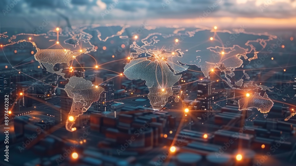 A digital world map shows global city connections, centering on North ...