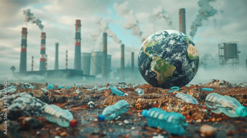 Globe surrounded by plastic bottles symbolizes pollution. Factory with ...