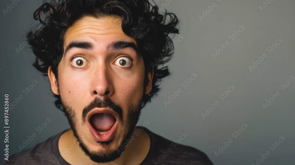 Portrait of Surprised young adult Latin American man on grey background ...