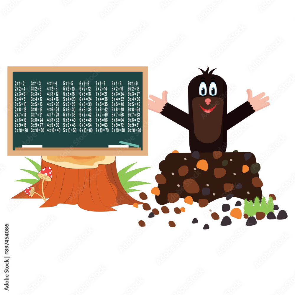 Multiplication table from 2 to 9. Illustration. Cartoon flat mole ...