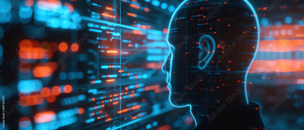 Seeking ways to shape the future with AI, tech hub scene, glowing ...