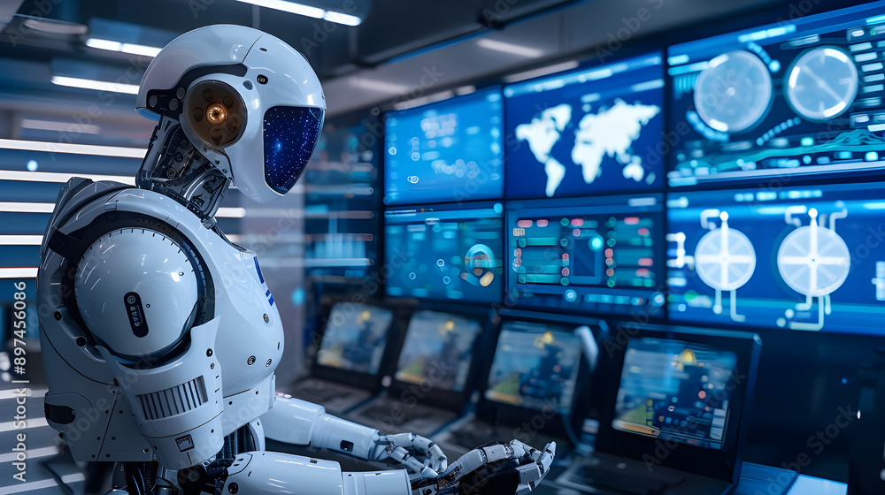 Advanced humanoid robot monitoring data in a high-tech control room ...