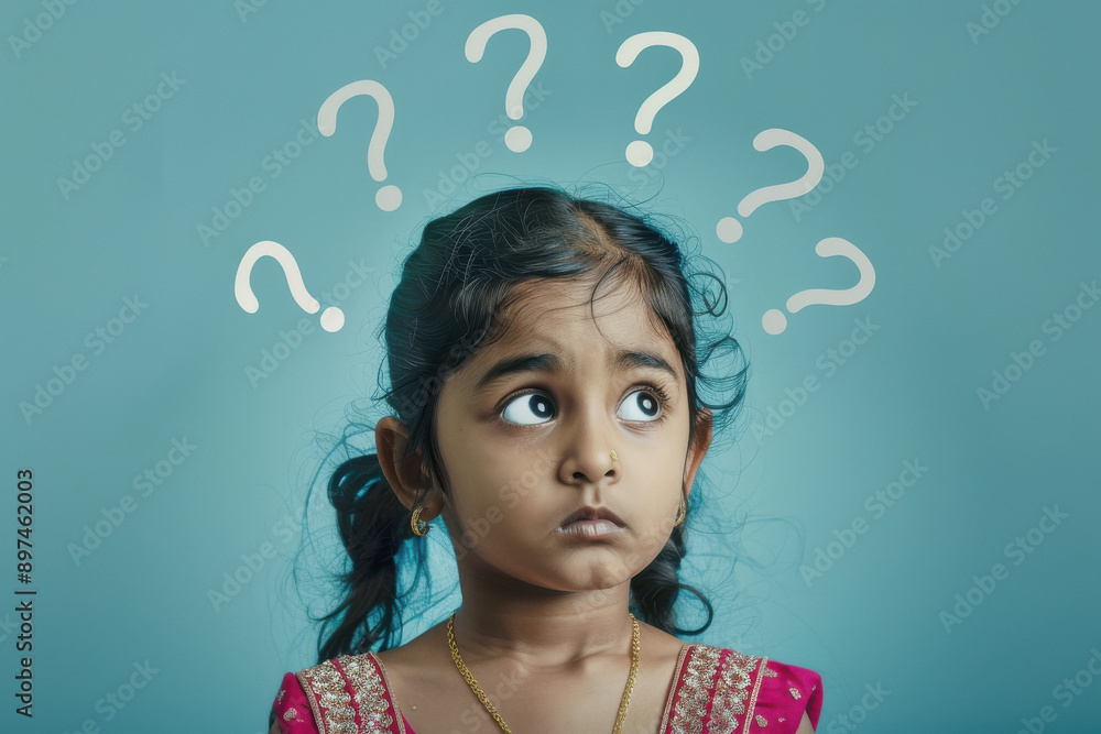 A little Indian Gorgeous girl thinking with question marks floatA little Indian girl thinking ...