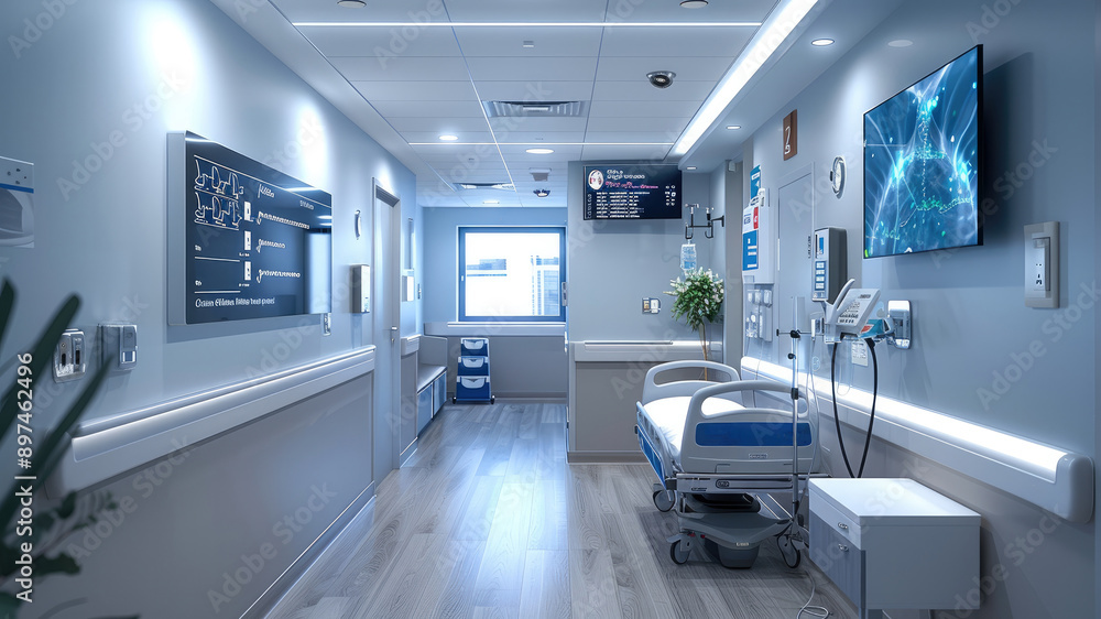 A patient room with a wall-mounted touchscreen for signing consent ...