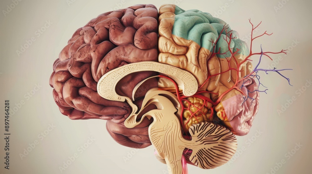 A detailed illustration of the human brain, highlighting the different ...