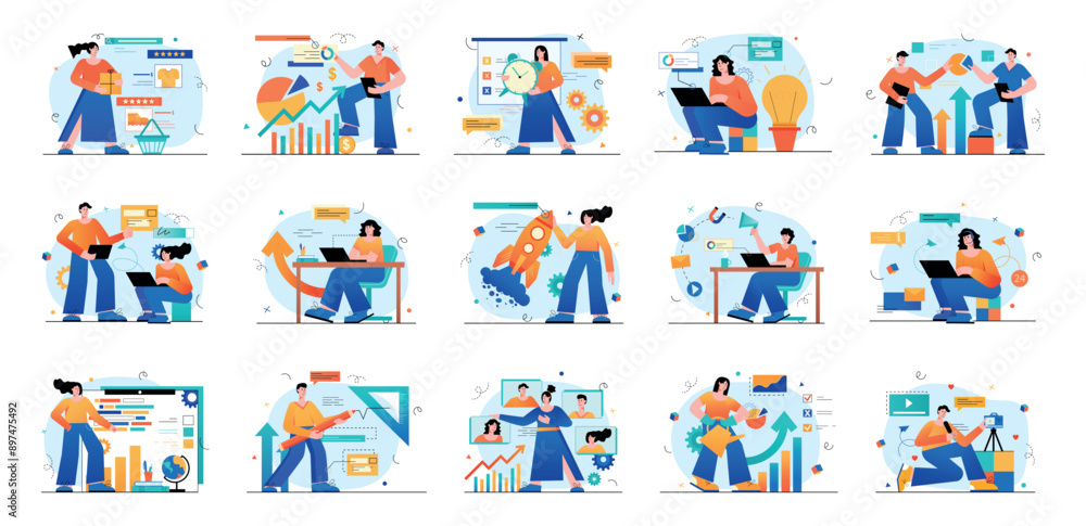 Big set of yellow-blue gradient concepts with people scene in flat ...