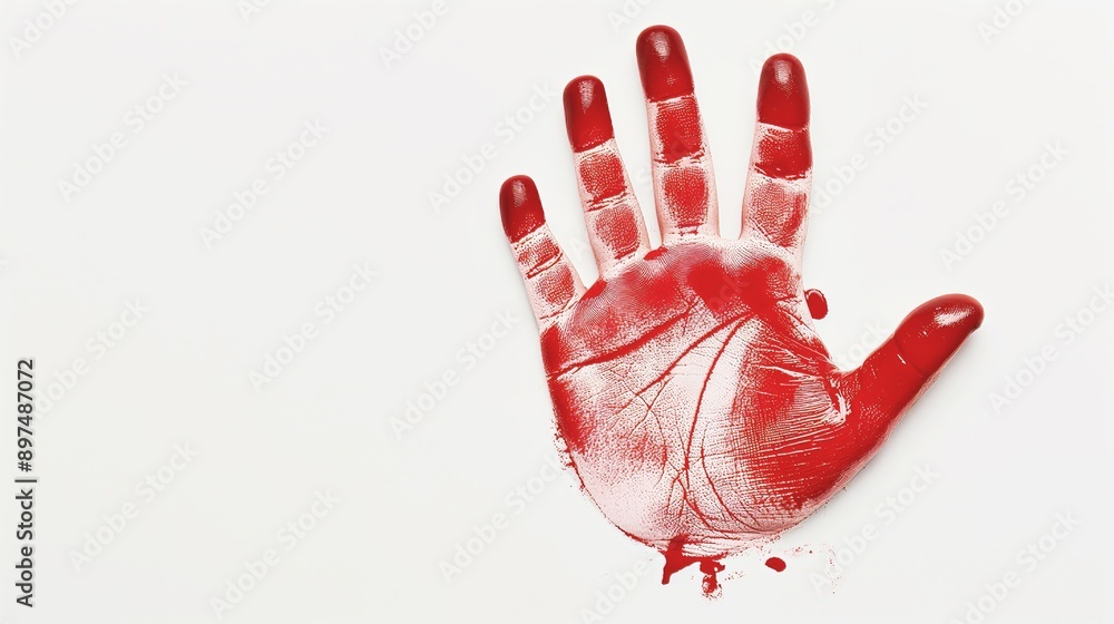 Detailed image of a chilling red handprint on a stark white background ...