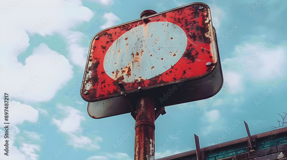 rusty red and white warning sign, metal pole, worn texture, public ...