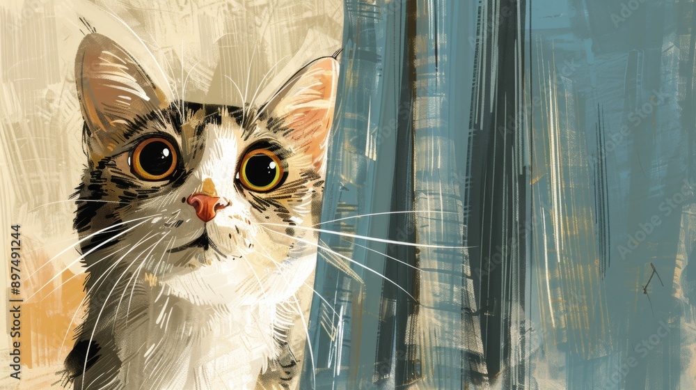 feline doodle art, whimsical drawing of inquisitive cat peeking from ...