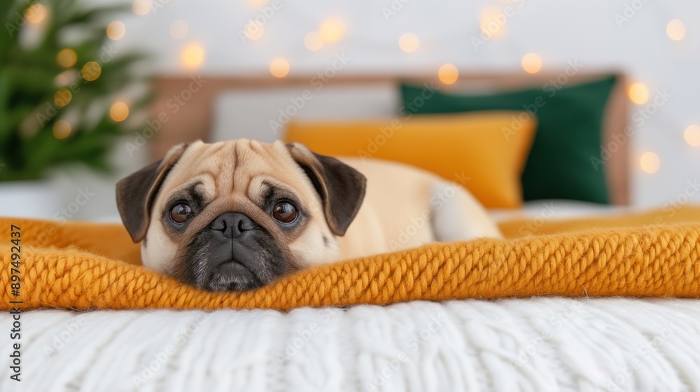 Cute pug puppy lying on the bed in a cozy bedroom, with pillows and ...