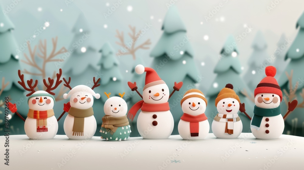 A group of seven snowmen, each uniquely dressed, smile and pose ...
