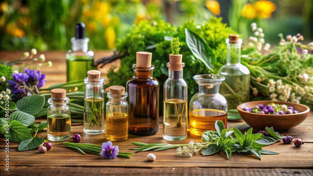 Aromatic botanical ingredients and glass vials arranged on a rustic ...