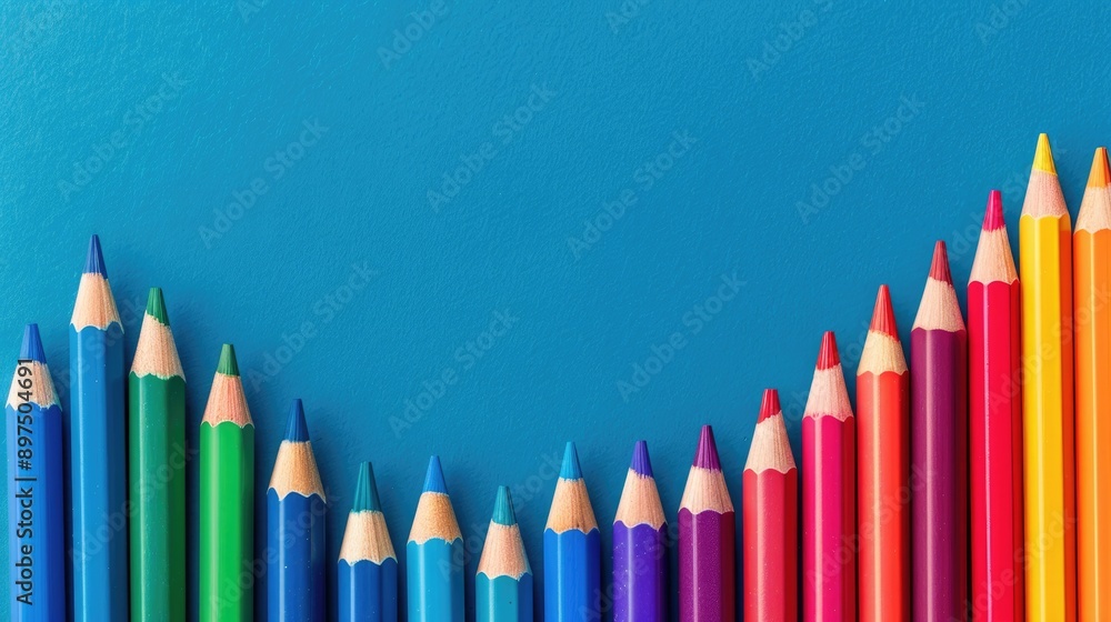 Color pencils arranged in a curved graph pattern on a blue background ...