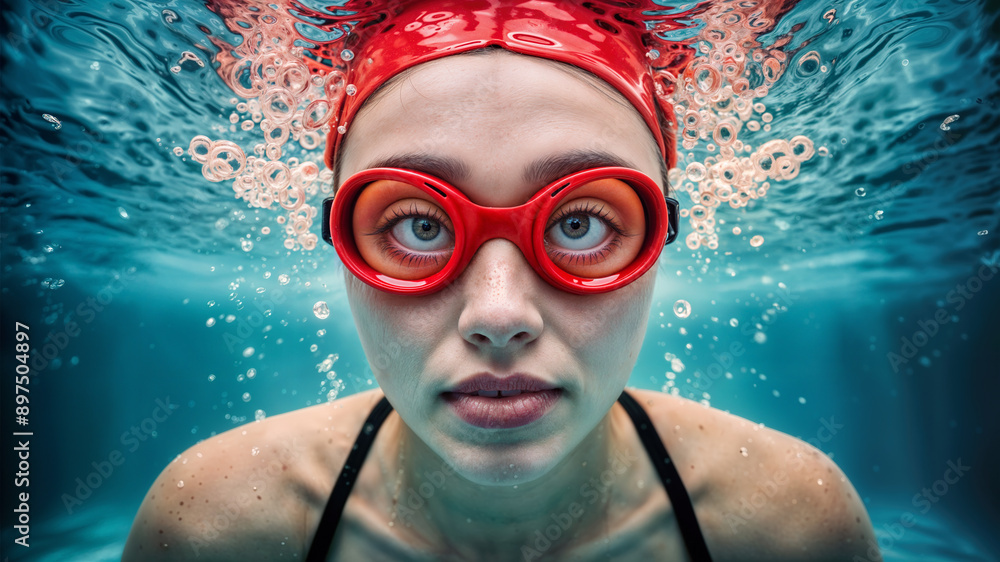 Young female athlete swimmer submerged underwater holding her breath in ...
