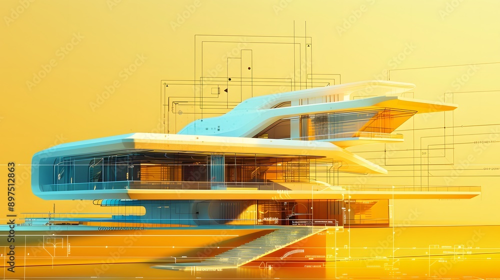 Futuristic Modern Architecture Design Concept with Blueprint Overlays ...