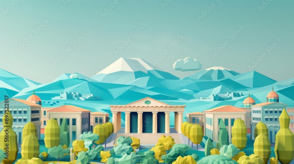 Athens Olympic host city flat design front view historic theme 3D ...