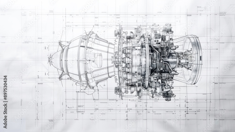 A detailed pencil sketch of an airplane engine, with intricate drawings ...
