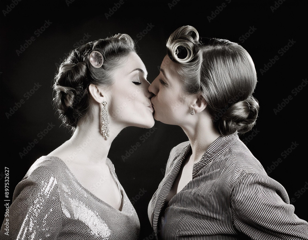 Two Lesbian Women Kissing: Retro Film Noir Style LGTB Portrait with Vintage Hairstyles and ...