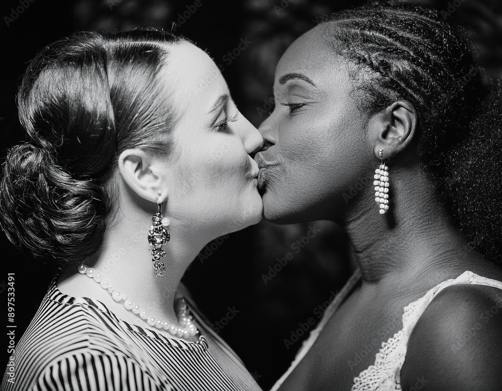 Two Lesbian Women Kissing: Retro Film Noir Style LGTB Portrait with Vintage Hairstyles and ...