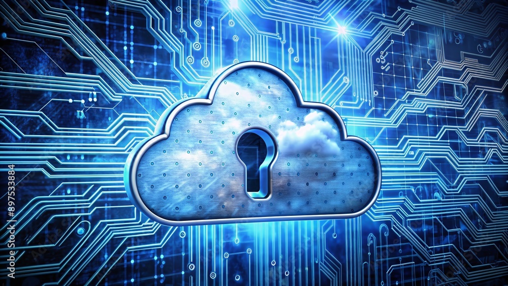 Secure cloud computing concept represented by lock and key surrounded by stylized cloud ...