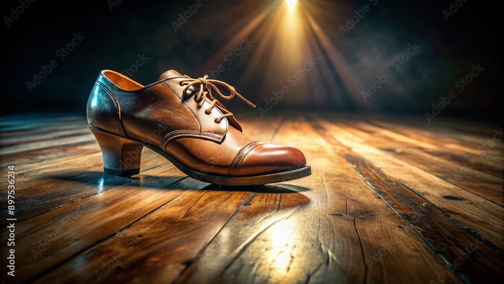 A vintage wooden tap shoe lies on a worn, dimly lit stage floor ...