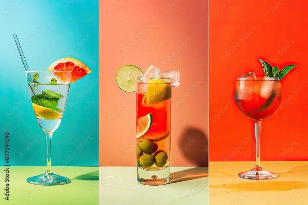 Various types of alcoholic drinks on table with colorful background ...