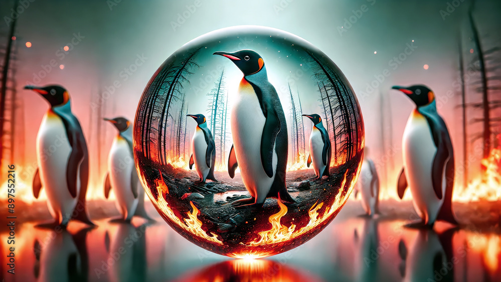 Penguins surrounded by a burning forest within a reflective sphere ...