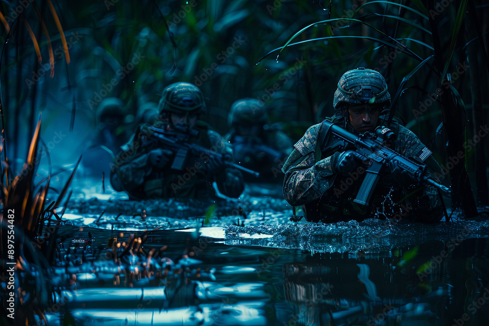 Soldiers move in the heart of a marsh, crossing swampy waters, tropical ...