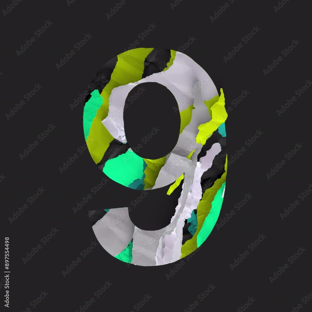 Animated shredded paper style number 9 with embedded alpha for easy ...