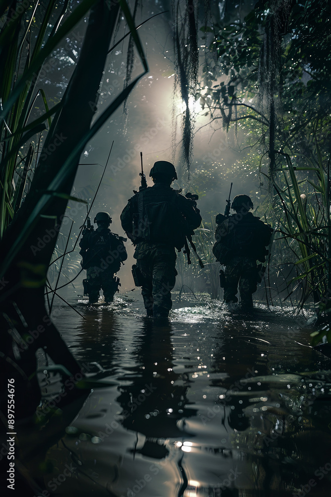 Soldiers move in the heart of a marsh, crossing swampy waters, tropical ...
