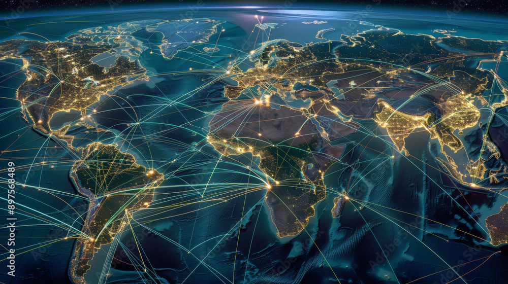 A world map with interconnected routes illustrating global shipping ...