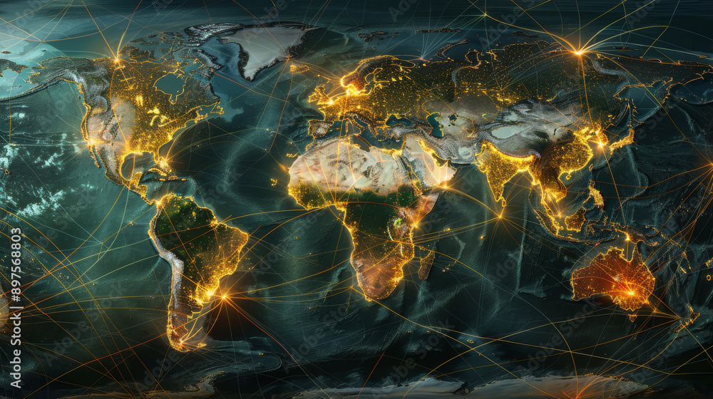 A world map with interconnected routes illustrating global shipping ...
