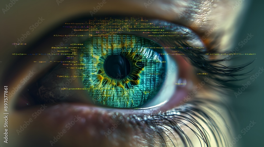 Futuristic digital backdrop with close-up blinking eyes and dynamic ...