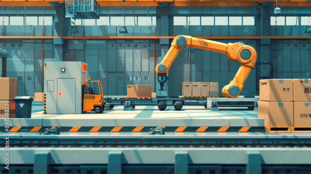 Illustrate a futuristic warehouse with robotic arms, automated guided ...