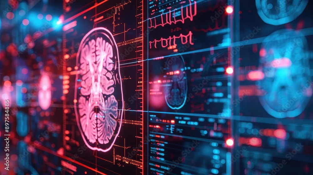 ภาพประกอบสต็อก Futuristic digital brain scan with circuit data ...