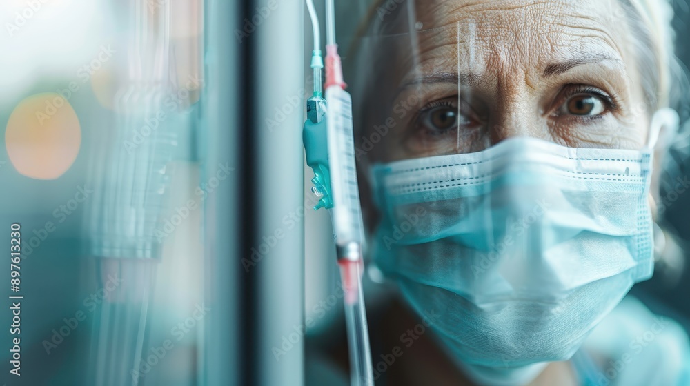 The image shows an intravenous fluid therapy setup in a clinical ...