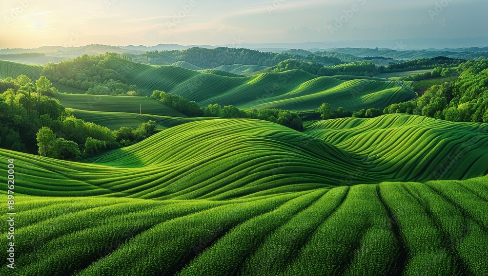 Abstract Green Wavy Lines of Farmland, Aerial View of Farm Fields with ...