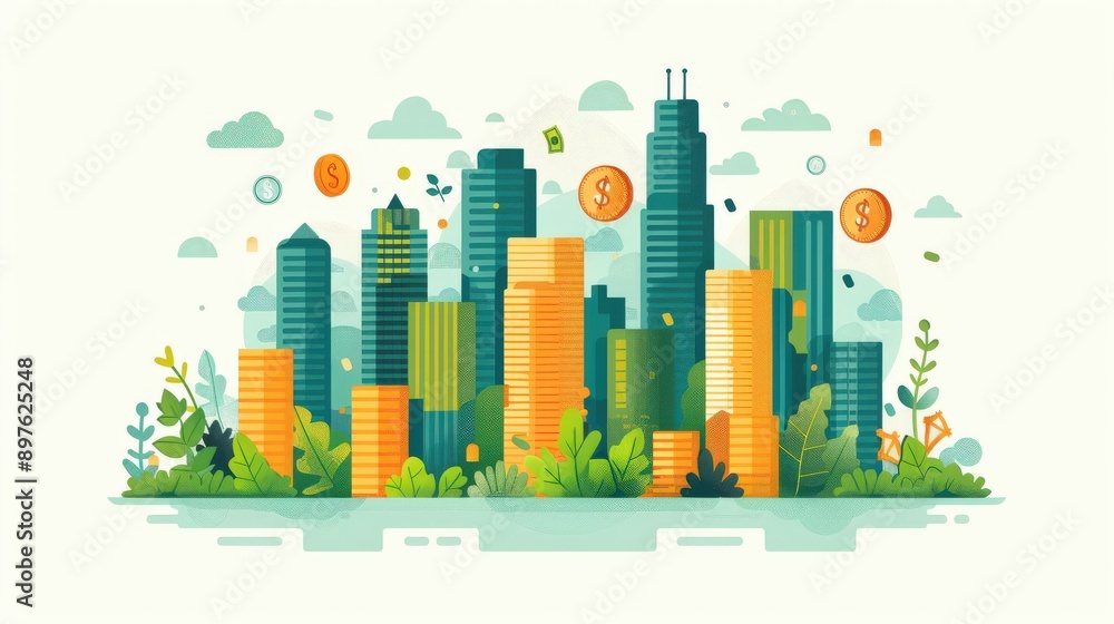 Money-themed flat style illustration with a white background, green ...
