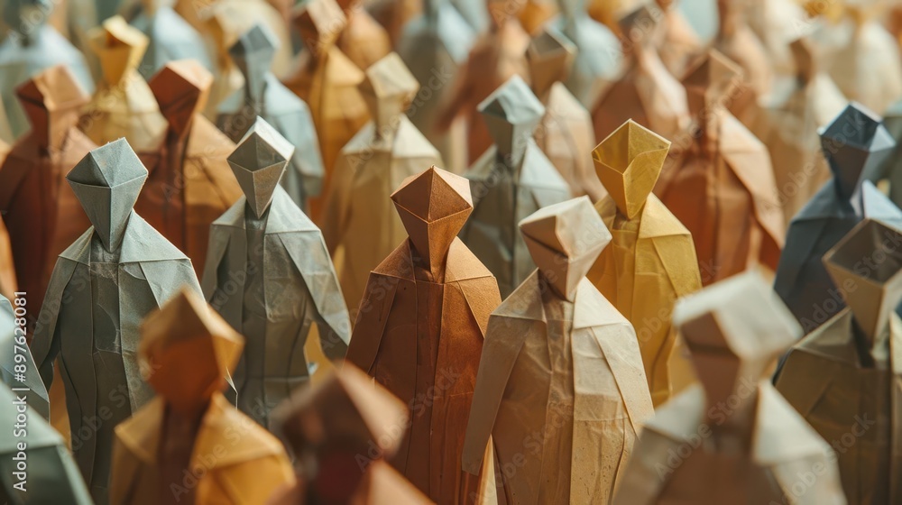 diverse crowd of paper craft origami people arranged in a striking ...