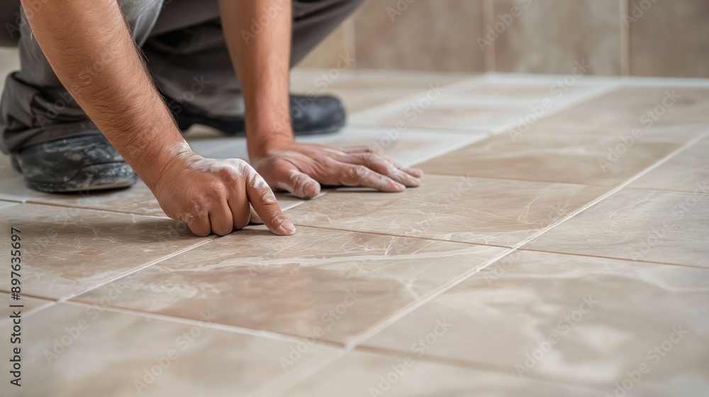 A worker kneels down to check the grout lines on a newly installed ...