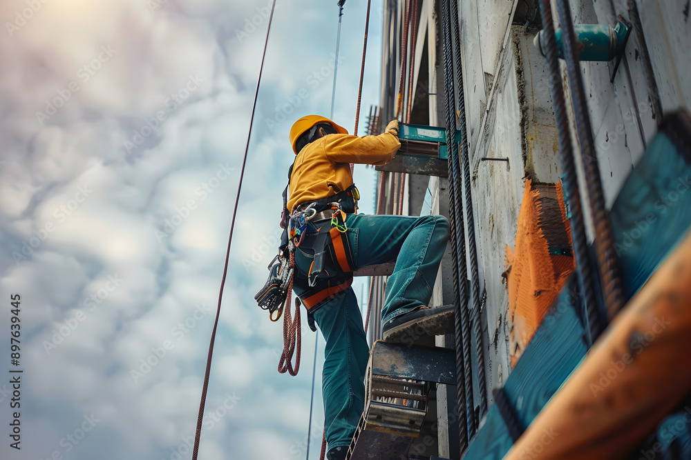 construction worker, climbing tower crane ladder, high-rise building ...