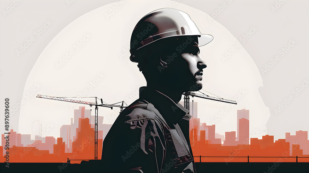 Dramatic silhouette of a construction worker, bold safety helmet ...