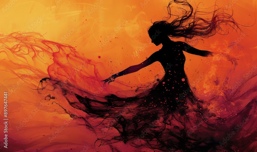 ecstatic dance poster with a silhuette of a dancing lady with wet hair ...