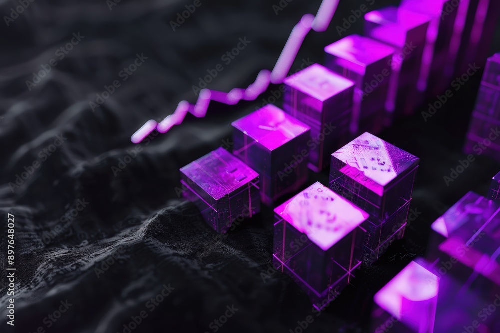 Iridescent purple blocks build an exponential stock chart on a black ...