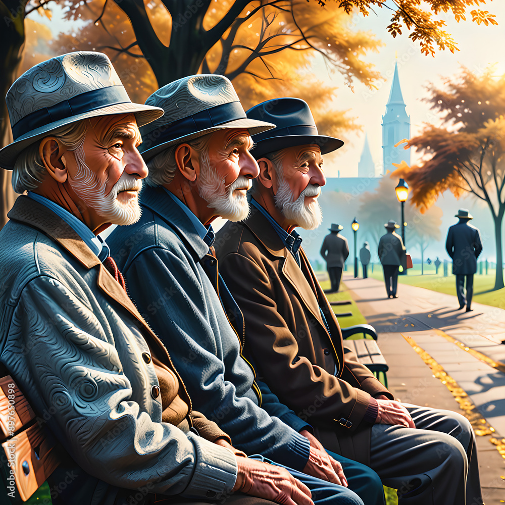 Atmospheric 3D Stippling Artwork: Three Old Men on a Park Bench ...