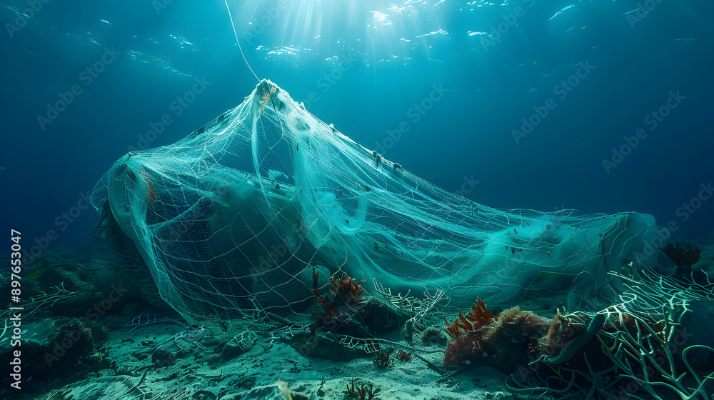 underwater scene, abandoned fishing nets, marine life interaction ...
