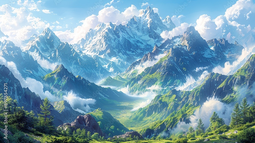 Scenic mountain landscape with alpine peaks, misty clouds, and verdant ...