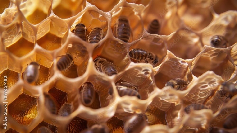Busy honey bees transforming nectar into honey on a honeycomb, crafting ...
