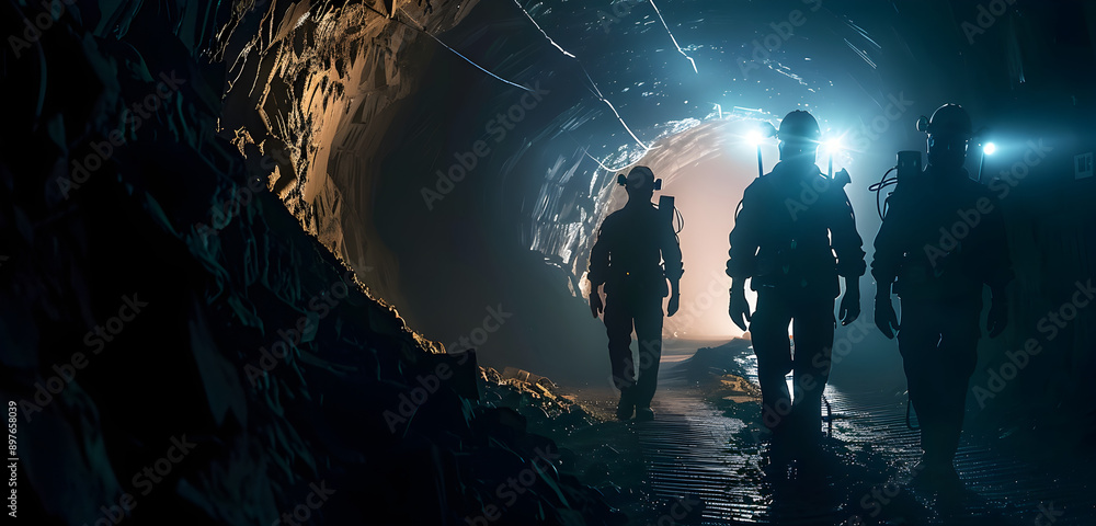 silhouettes of miners with headlamps, underground tunnel exploration ...