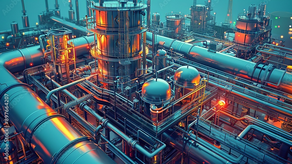 Detailed image of a cooling tower with complex piping, emphasizing the ...